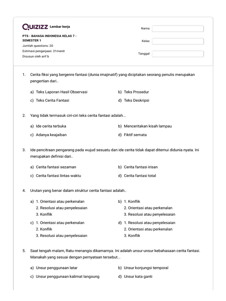 PTS - BAHASA INDONESIA KELAS 7 - SEMESTER 1 - Quizizz | PDF