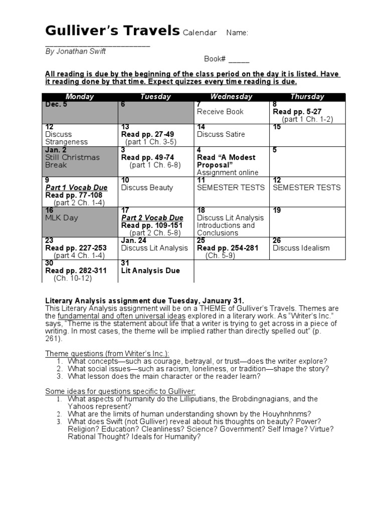 Gulliver's Travels Reading Schedule | PDF | Gulliver's Travels | Science