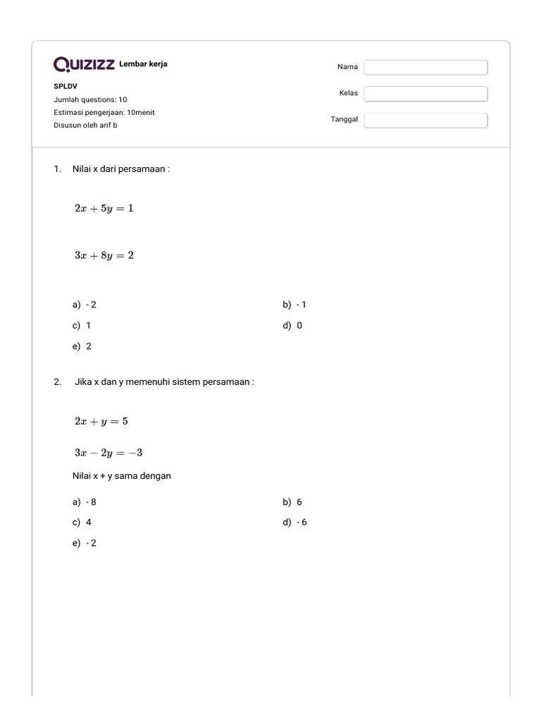Worksheet - Quizizz | PDF