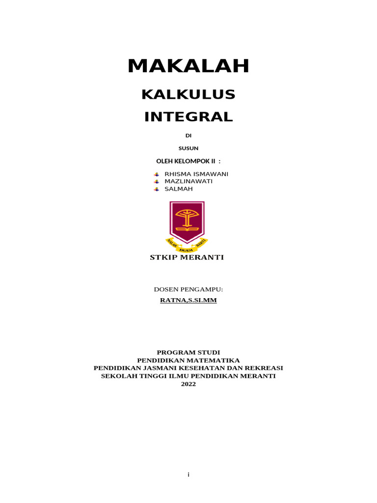 Makalah Matematika Integral Disusun Oleh Pdf