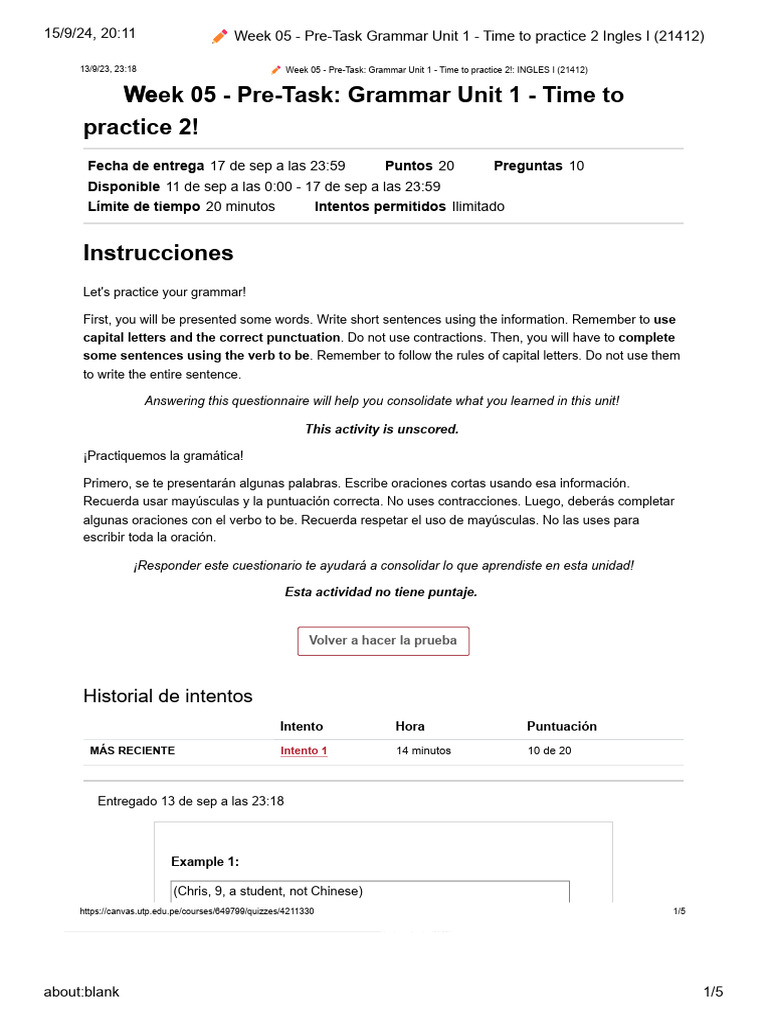 Week 05 - Pre-Task Grammar Unit 1 - Time To Practice 2 Ingles I (21412) | PDF