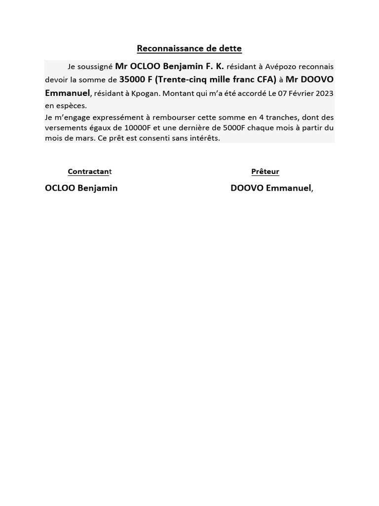 Reconnaissance de Dette | PDF