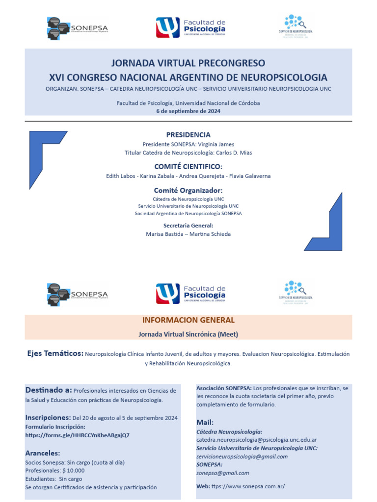 Jornada Virtual Precongreso Neuropsicología | PDF | Neuropsicología ...
