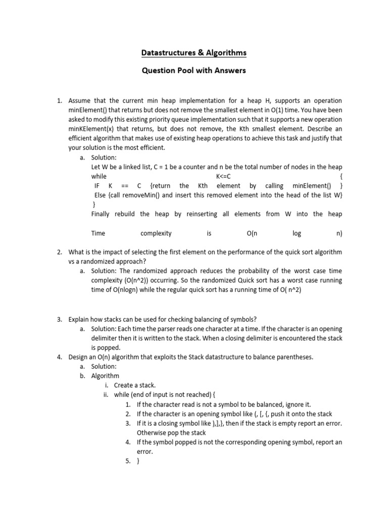 Datastructures & Algorithms Question Pool With Answers | PDF