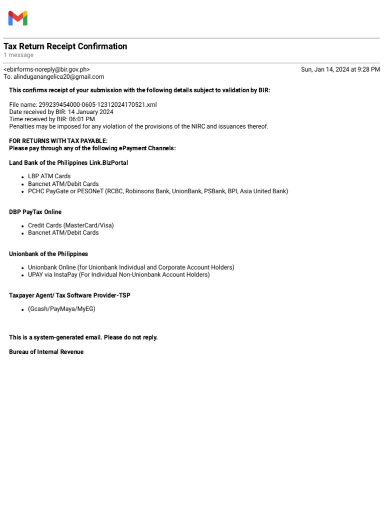 Gmail - Tax Return Receipt Confirmation | PDF