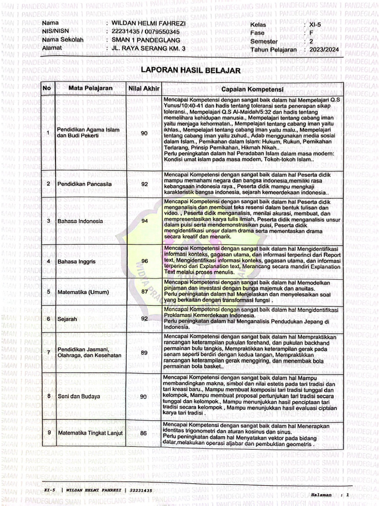 Rapor Kurikulum Merdeka - Semester 4 - Wildan Helmi Fahrezi | PDF