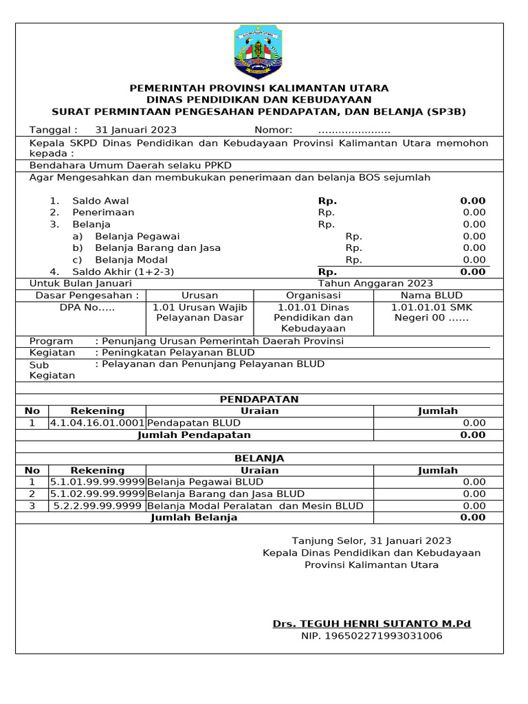 Format Sp3b Blud Sekolah 2023 | PDF