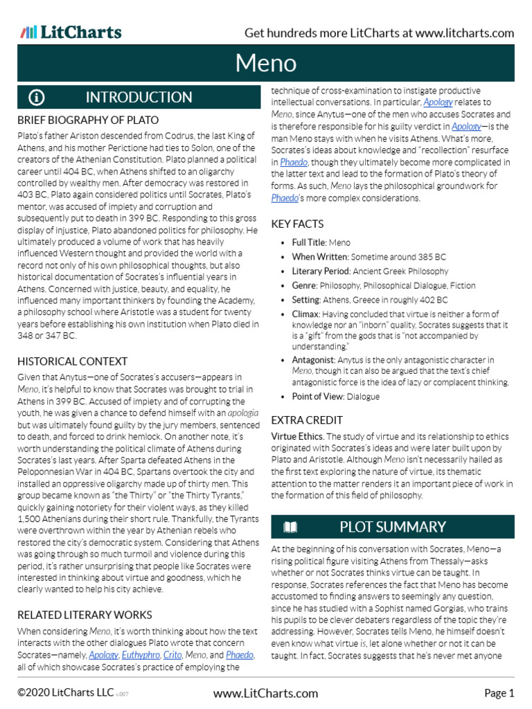 Meno LitChart | PDF | Socrates | Apology (Plato)