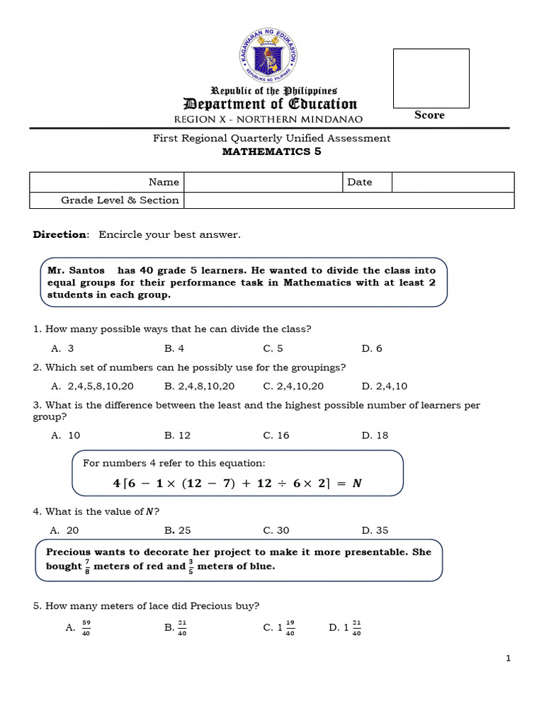 Math 5 Q1 Final Ruqa 2024 | PDF