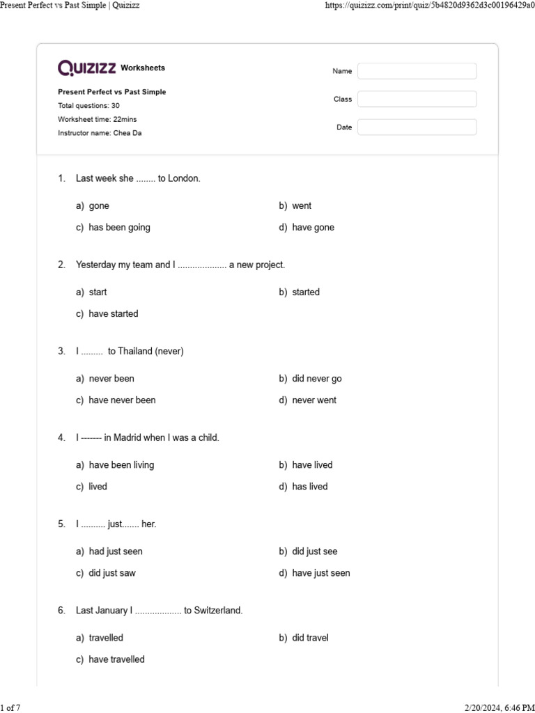 Present Perfect Vs Past Simple Quizizz | PDF