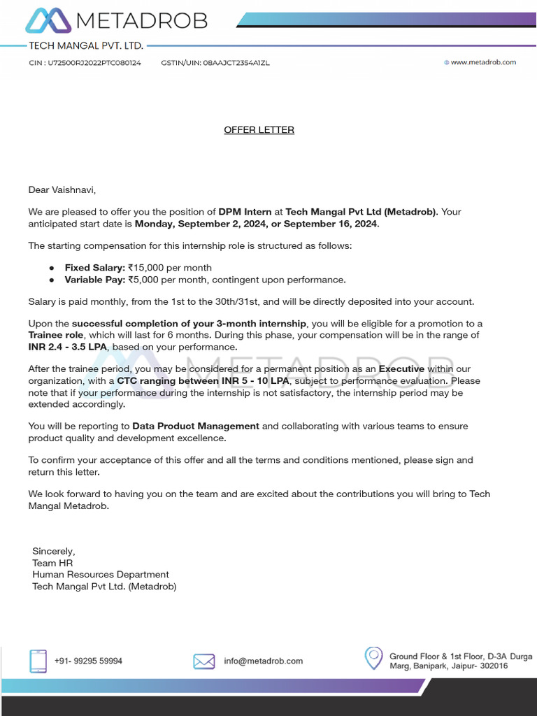 Internship Offer at Tech Mangal Metadrob | PDF