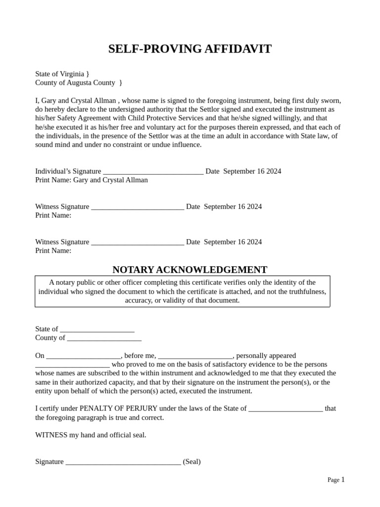 Virginia Self-Proving Affidavit Template | PDF | Politics | Social Science