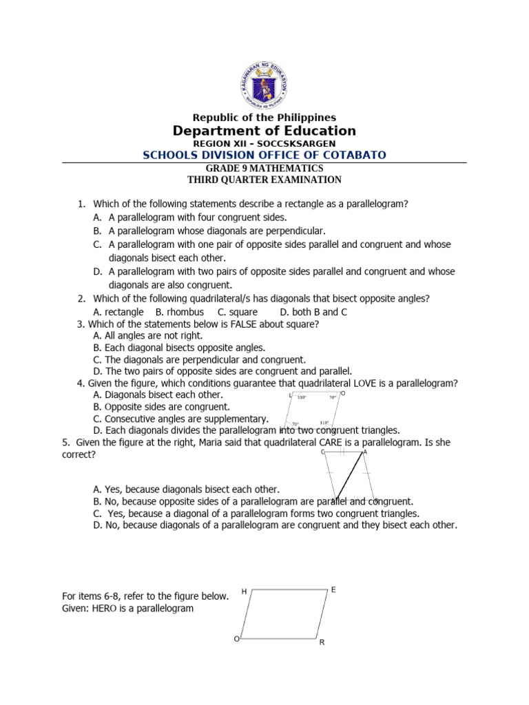 Grade 9 Mathematics 3rd Quarter Exam | PDF | Rectangle | Geometry