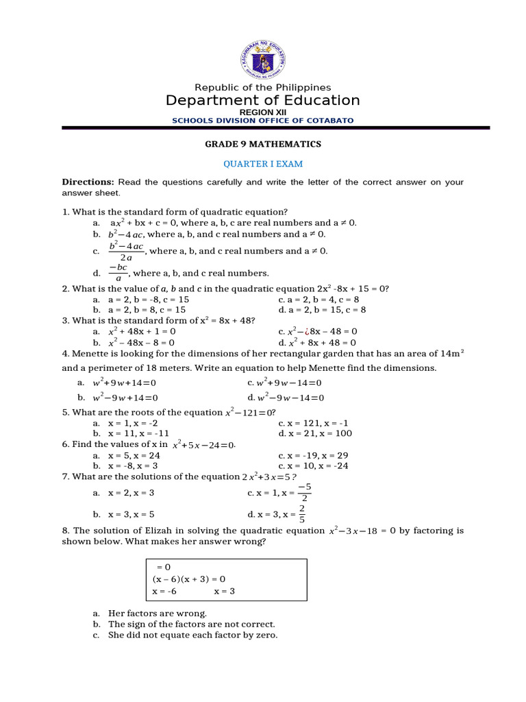 G9, Q1 Exam | PDF | Quadratic Equation | Factorization