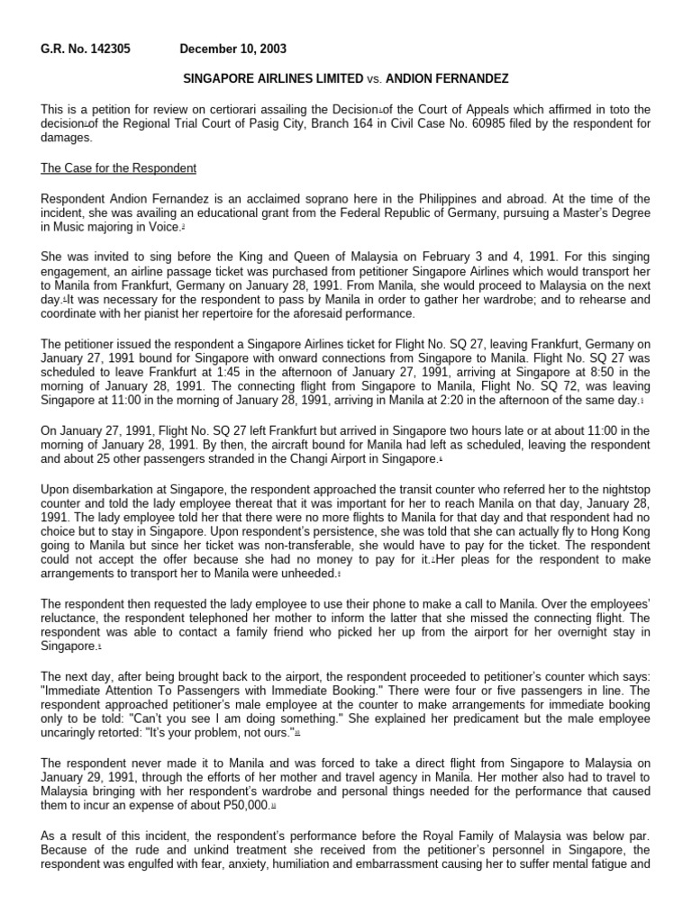SINGAPORE AIRLINES LIMITED vs. ANDION FERNANDEZ | PDF | Damages | Airlines
