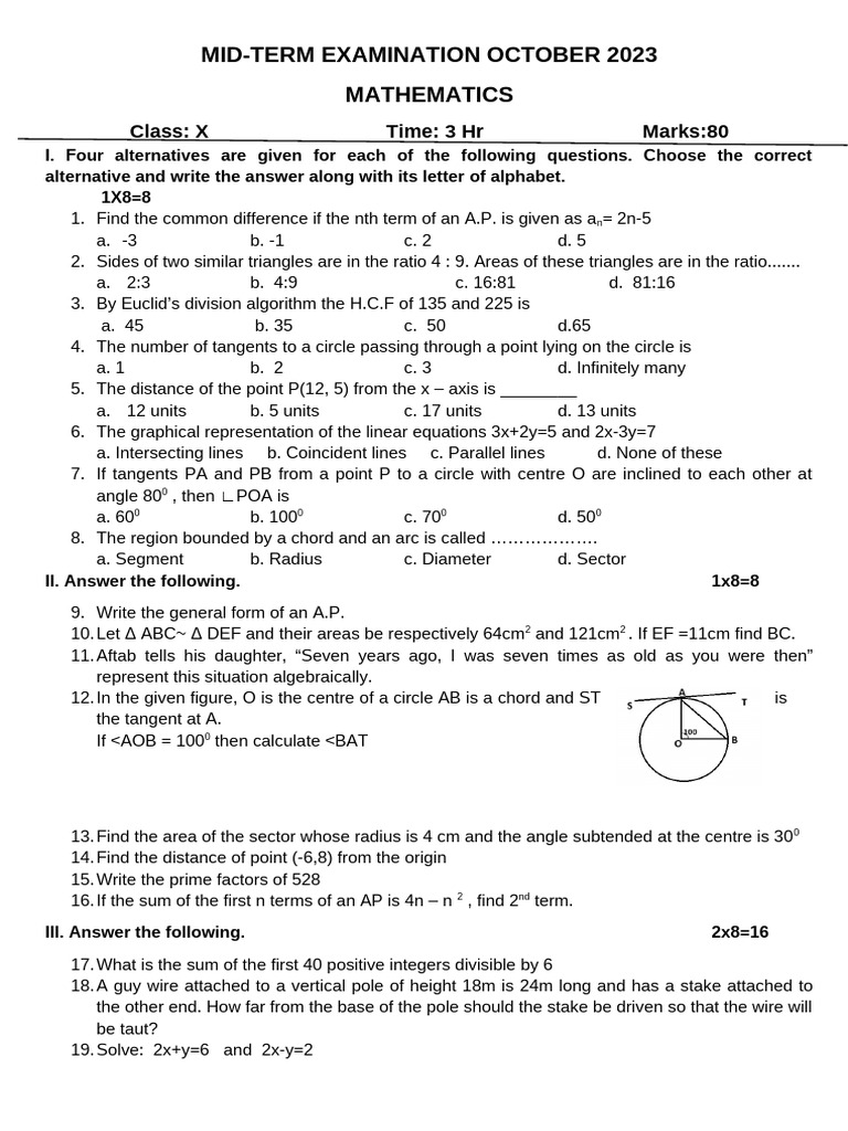 Class X Mathematics Mid-Term Exam 2023 | PDF | Circle | Teaching ...