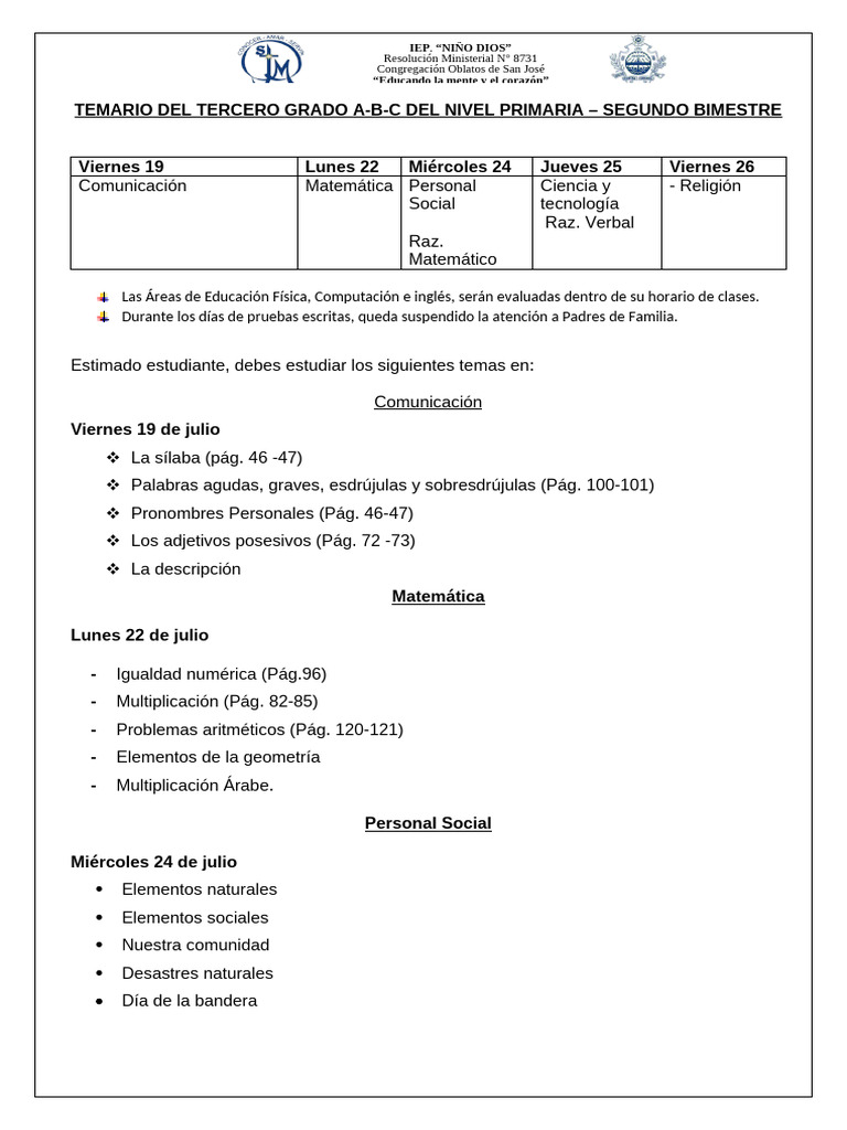 Temario Segundo Bimestre Tercero A-B-C Nivel Primaria | PDF