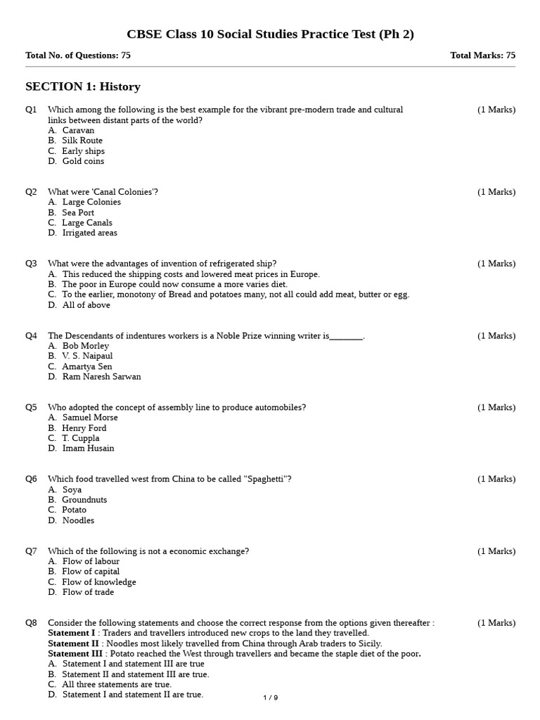 Class 10 Social Studies Practice Test (Ph 2) | PDF