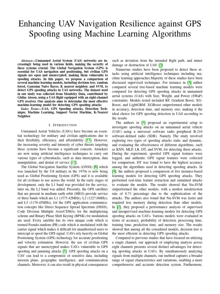 Enhancing UAV Navigation Resilience Against GPS Spoofing Using Machine Learning Algorithms A ...