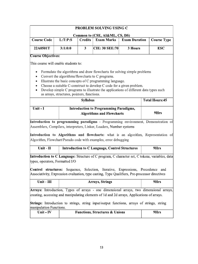 C & Data Structures Syllabus | PDF