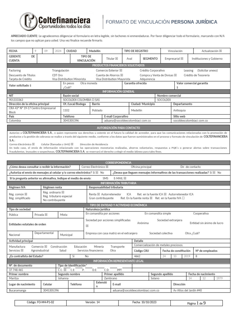 Formato de Vinculacion Persona Juridica v 14.0 | PDF Formato de Vinculacion Persona Juridica v 14.0 | PDF