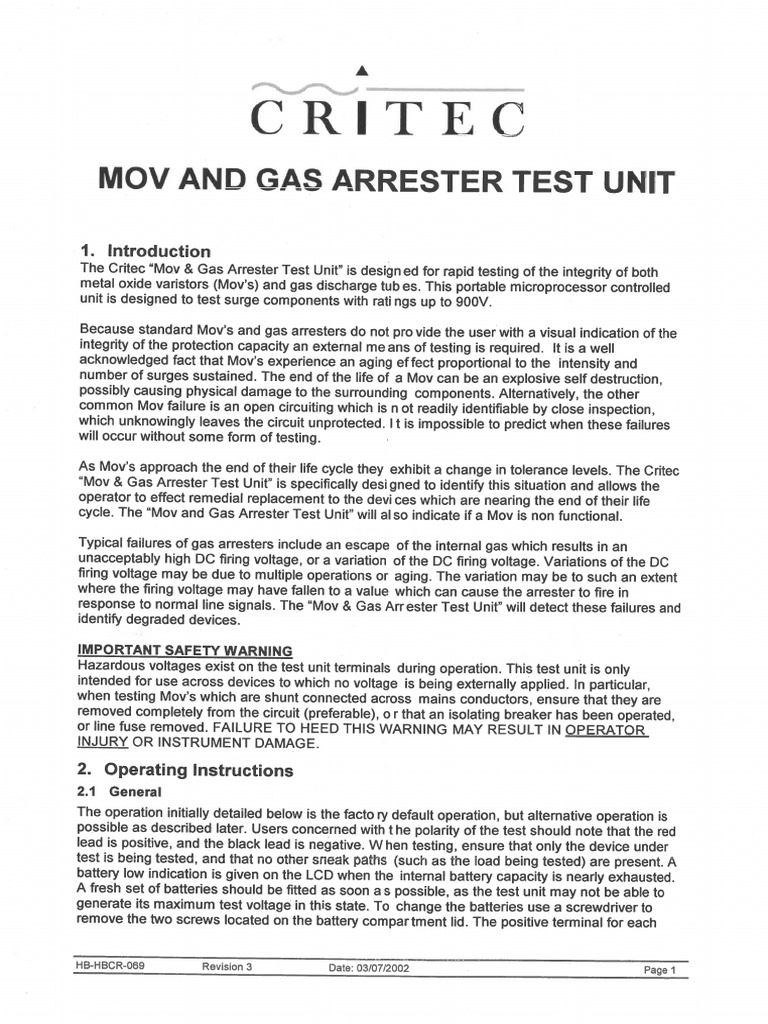 CRITEC, Mov & Gas Arrester Test Unit | PDF