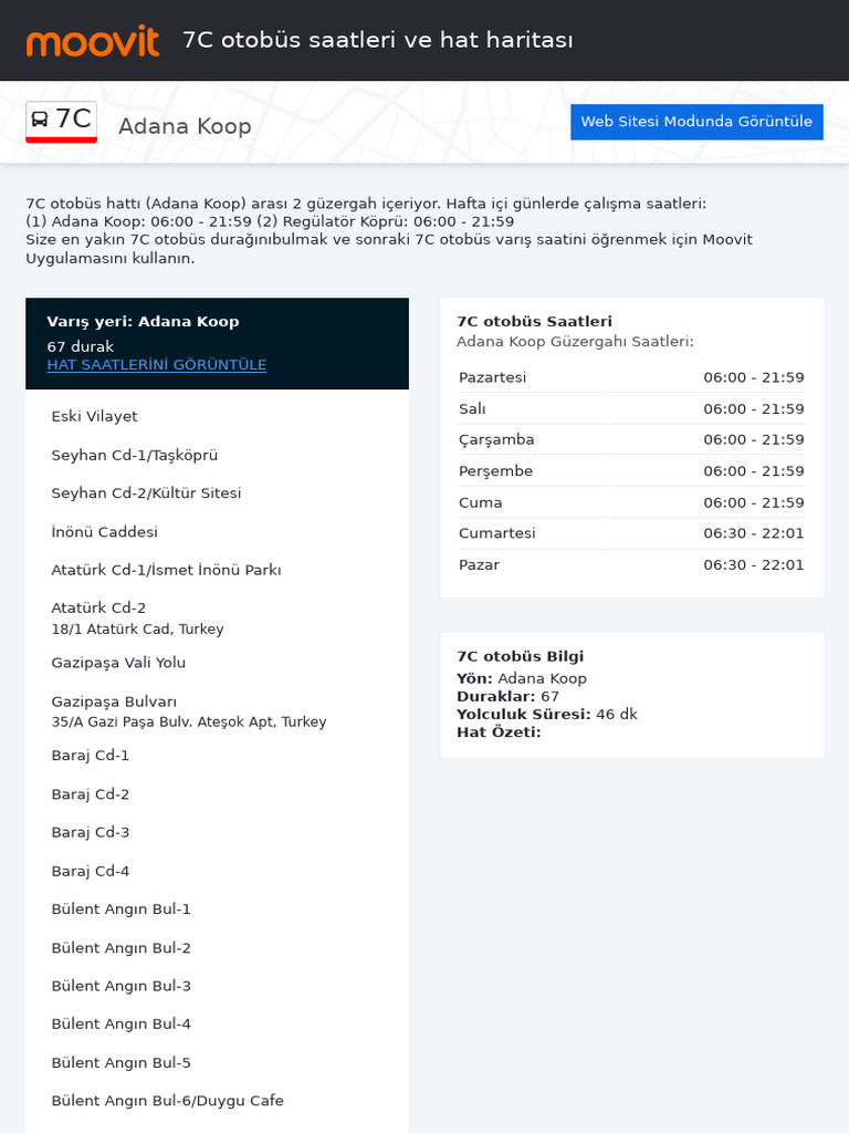 Adana Koop: 7C Otobüs Saatleri Ve Hat Haritası | PDF