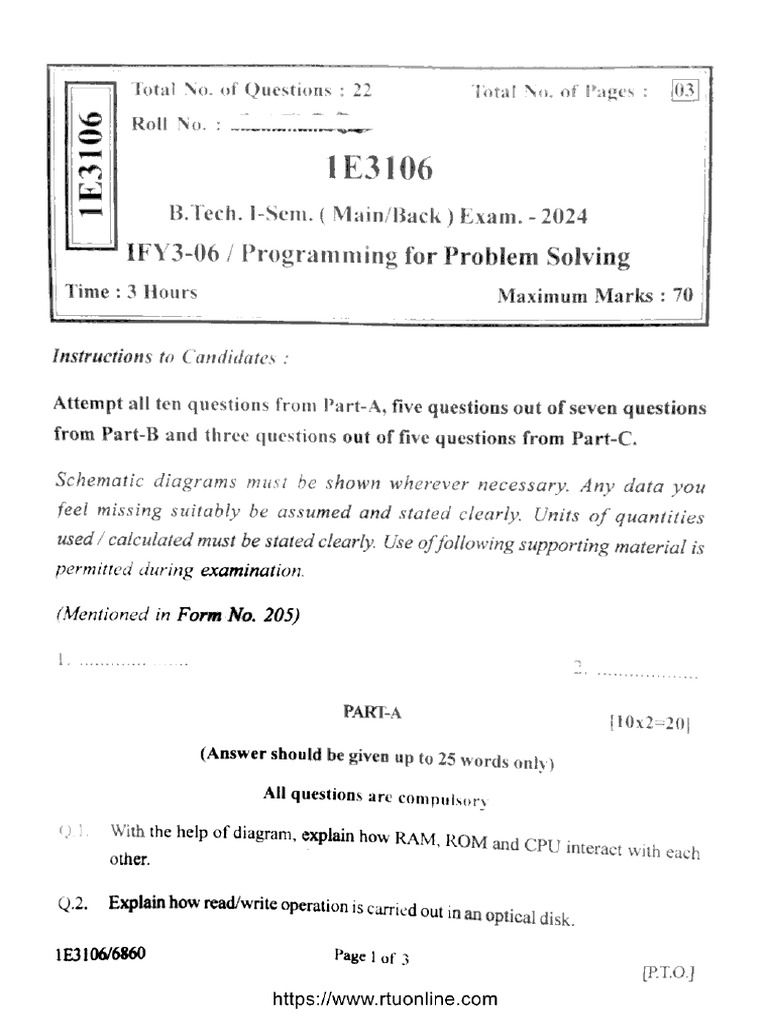 Btech 1 Sem Programming For Problem Solving 1e3106 2024 | PDF