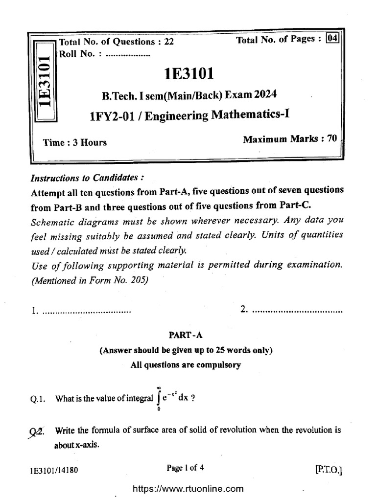 Btech 1 Sem Engineering Mathematics 1 1e3101 2024 | PDF