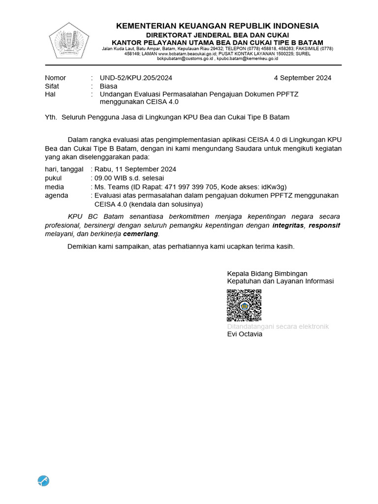 Undangan Kegiatan Evaluasi Permasalahan Pengajuan Dokumen PPFTZ ...