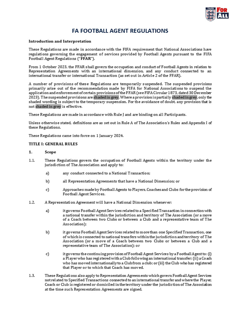 The Fa Football Agent Regulations 31 December 2023 | PDF | Assignment ...