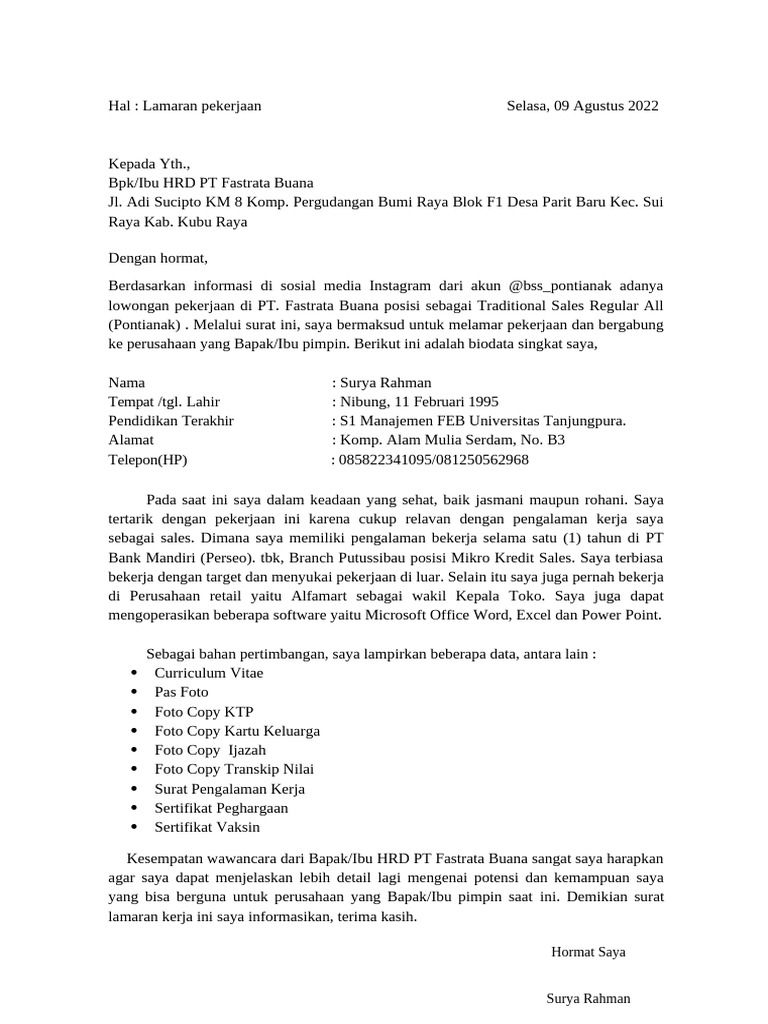 Surat Lamaran Kerja | PDF