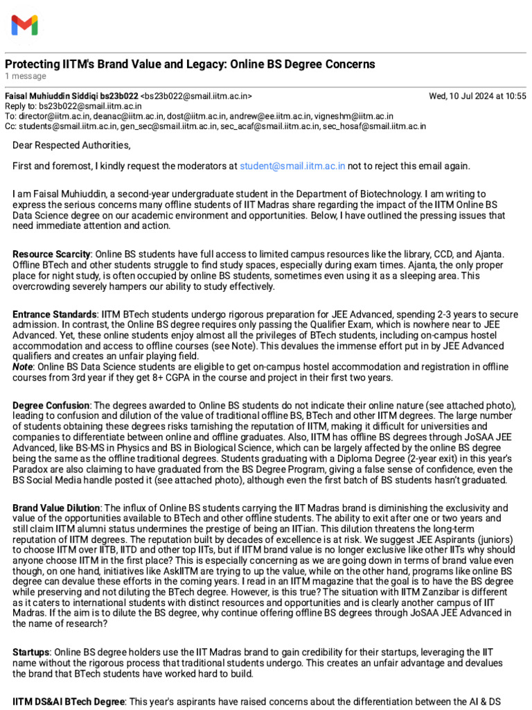 Gmail - Protecting IITM's Brand Value and Legacy - Online BS Degree Concerns | PDF