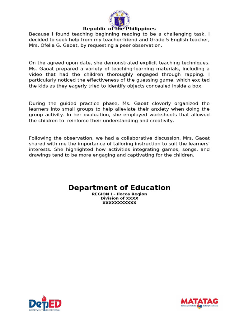 Peer Observation Notes (Reading) | PDF