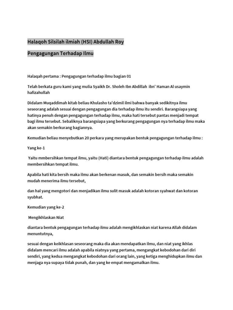 Halaqoh Silsilah Ilmiah (HSI) Ustadz Abdullah Roy | PDF