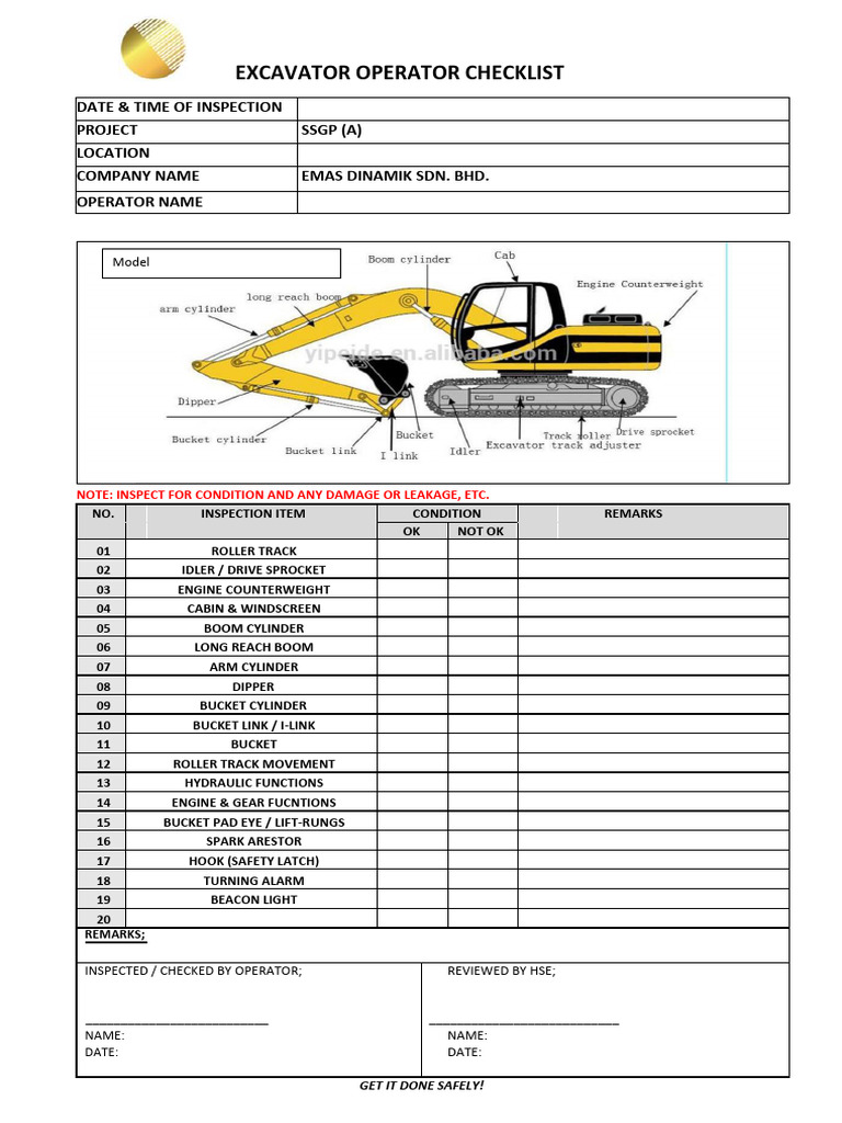 Excavator Inspection Checklist | PDF | Business | Computers