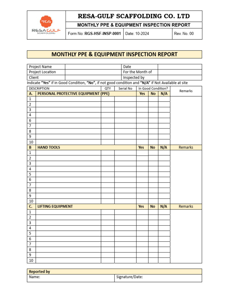 Montlhy PPE & Tools Inspection Report | PDF