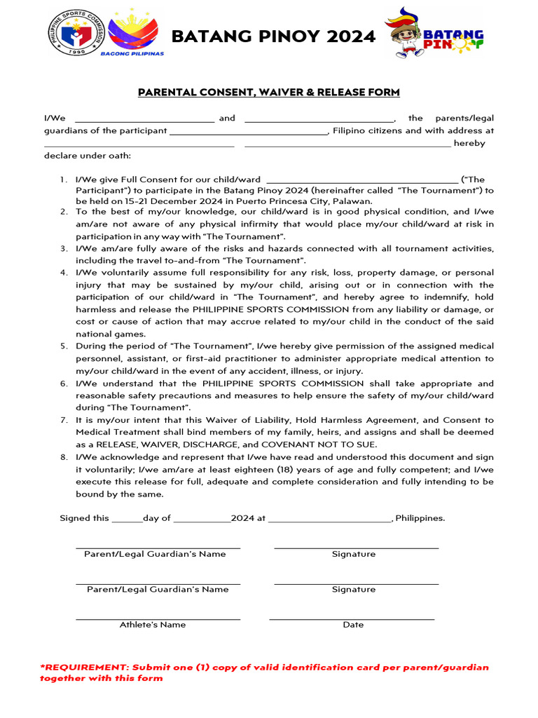 Batang Pinoy 2024: Parental Consent, Waiver & Release Form | PDF