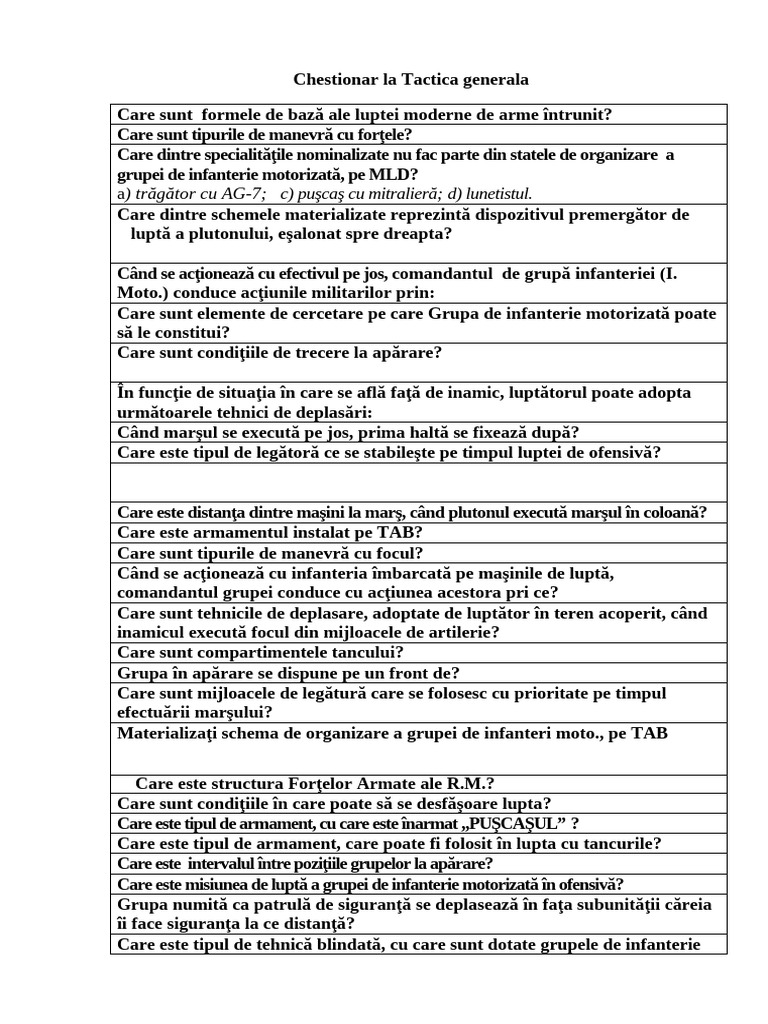 Chestionar La Tactica Generala Catedra Militara | PDF