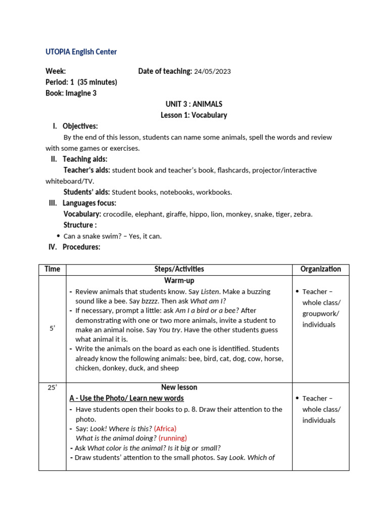 Demo Nguyen Du - Lesson Plan Imagine 3 - U1 - LS1 | PDF