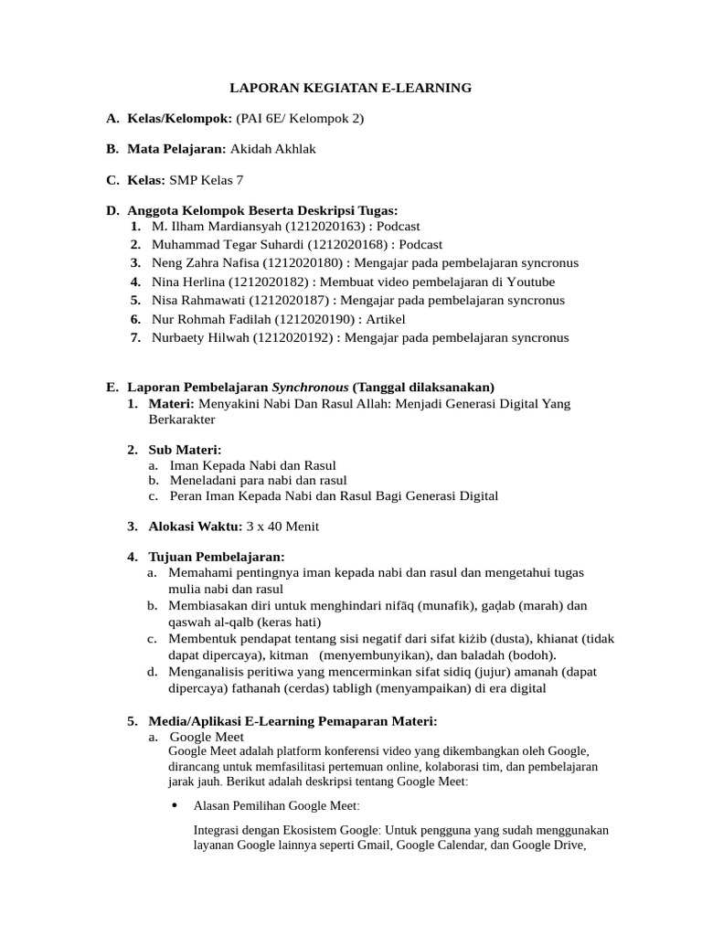 Laporan Kegiatan E-LEARNING KEL 1 New | PDF