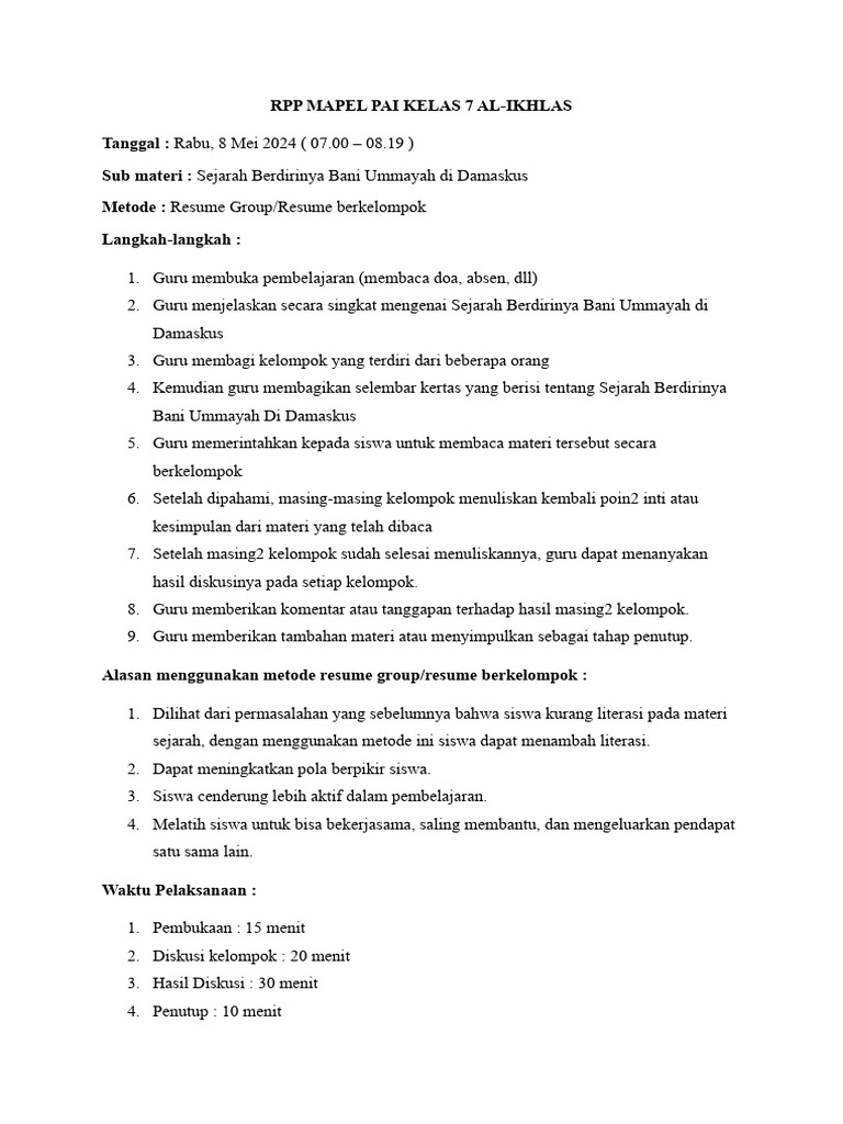 RPP Mapel Pai Kelas 7 Al-Ikhlas | PDF