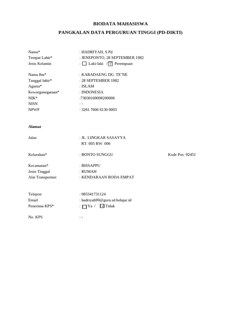 Biodata Peserta PPG - HADRIYAH, S.PD | PDF