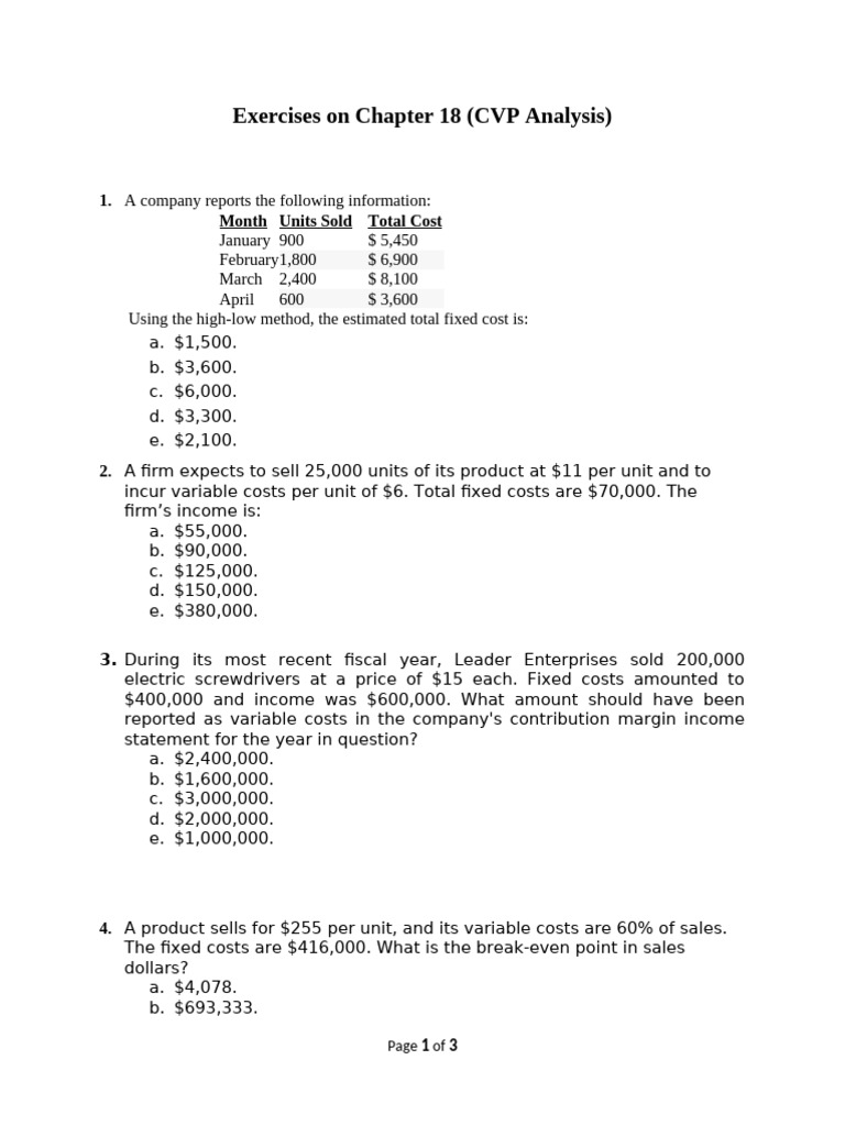 Exercises On Chapter 18 - (CVPAnalysis) Qs | PDF
