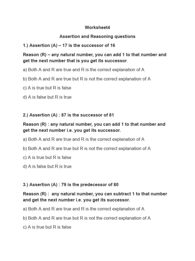 Worksheet4-Assertion and Reasoning - Whole Numbers | PDF