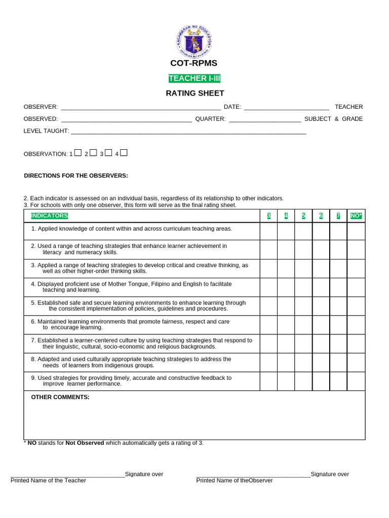 Copy of - Appendix C-03 - COT-RPMS Rating Sheet For T I-III For SY 2023 ...