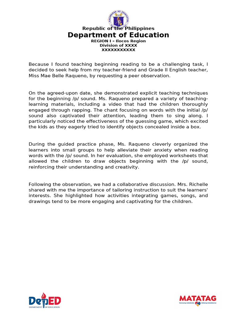 Peer Observation Notes (Reading) | PDF