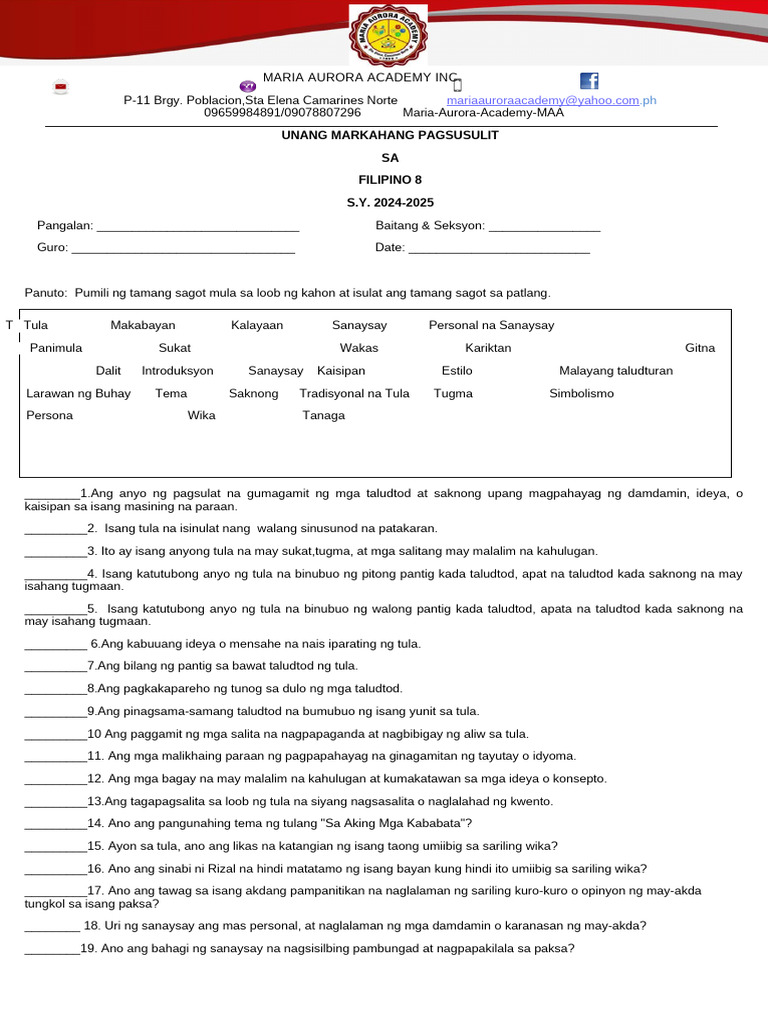 FILIPINO 8 TEST PAPERS - Copy | PDF