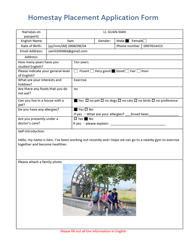 478521038008484312_homestay placement application form | PDF