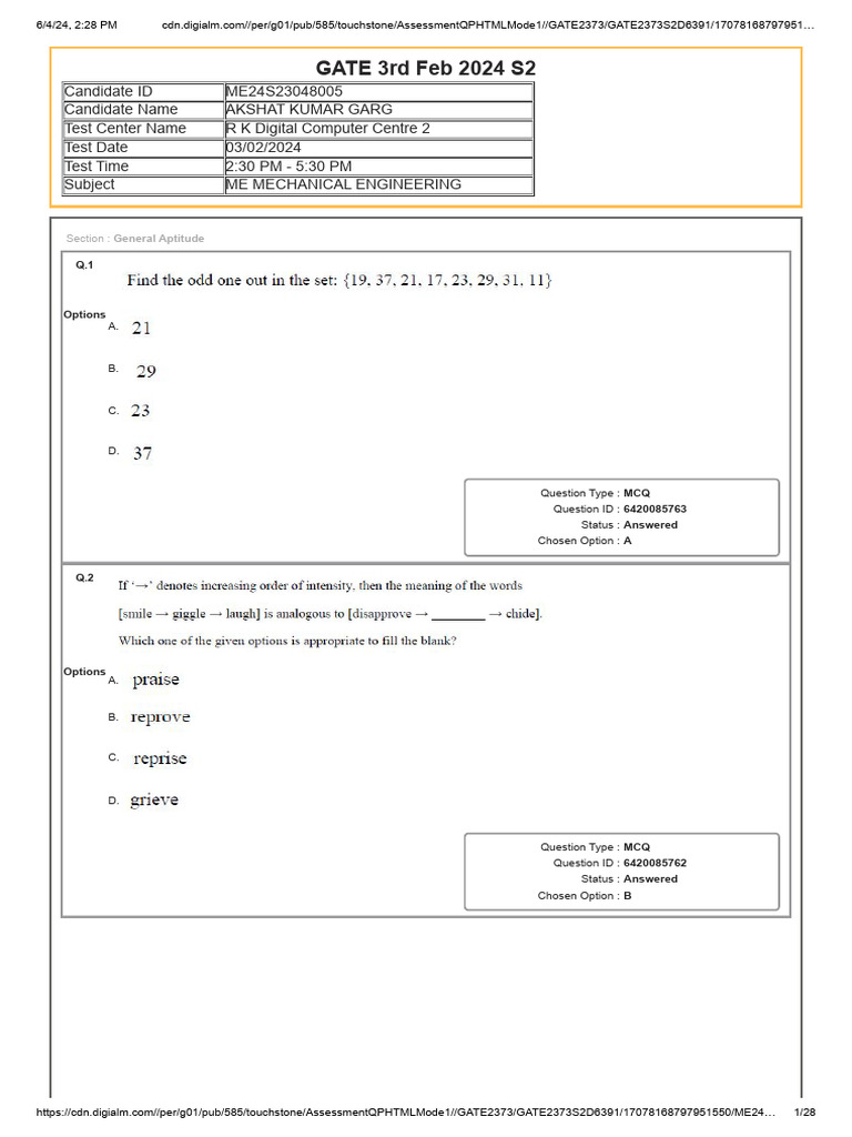 GATE 2024 RESPONSE PE | PDF